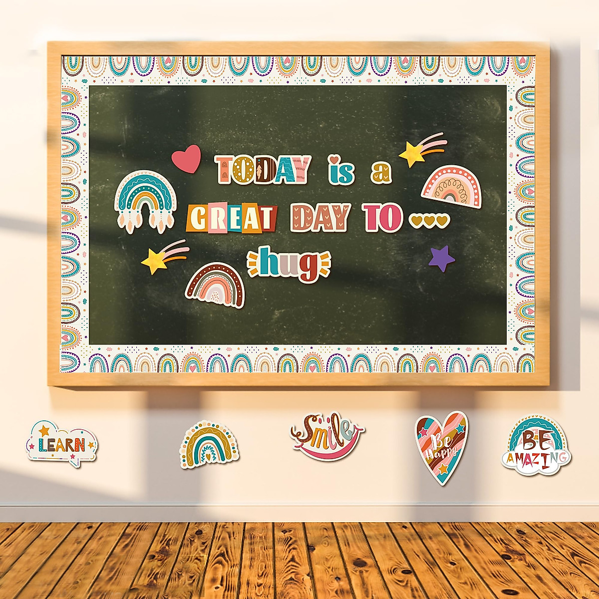 Today is A Great Day Bulletin Board Set Boho Rainbow Bulletin Board Borders Heart Star Bohemian Rainbow Cutouts with Glue Points for Classroom School Office Home Wall Decoration