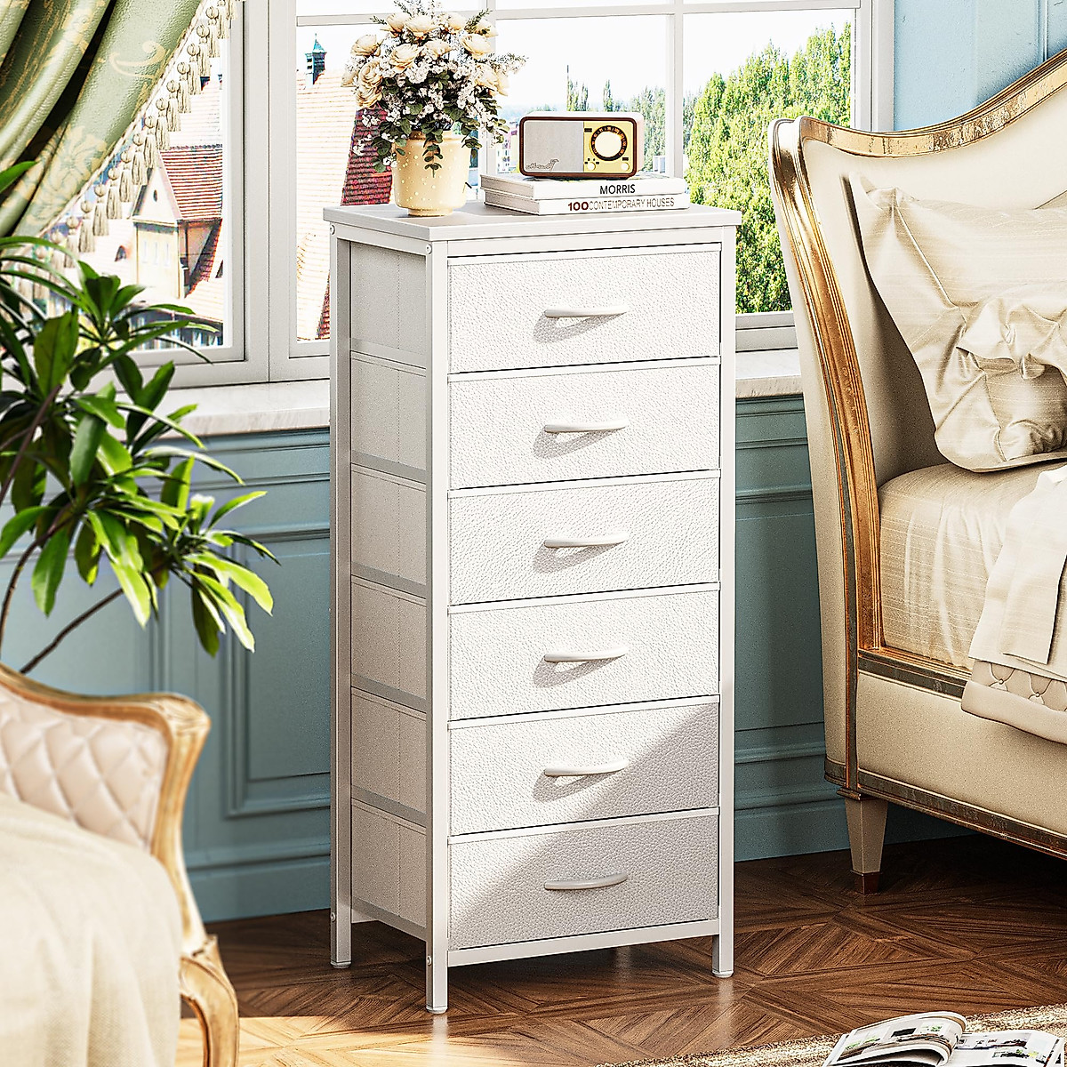 Huuger Tall Dresser for Bedroom, 6 Drawer Dresser & Chests of Drawers, Fabric Dresser for Closet, Bedroom, Night Stand, End Table with Metal Frame, Storage Tower with Fabric Bins, PU Leather, White