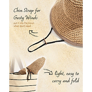 FURTALK Sun Hats for Women Summer Beach Hat Wide Brim Handmade Straw Hat Foldable Packable UPF 50 Crochet Travel Bucket Hat Khaki