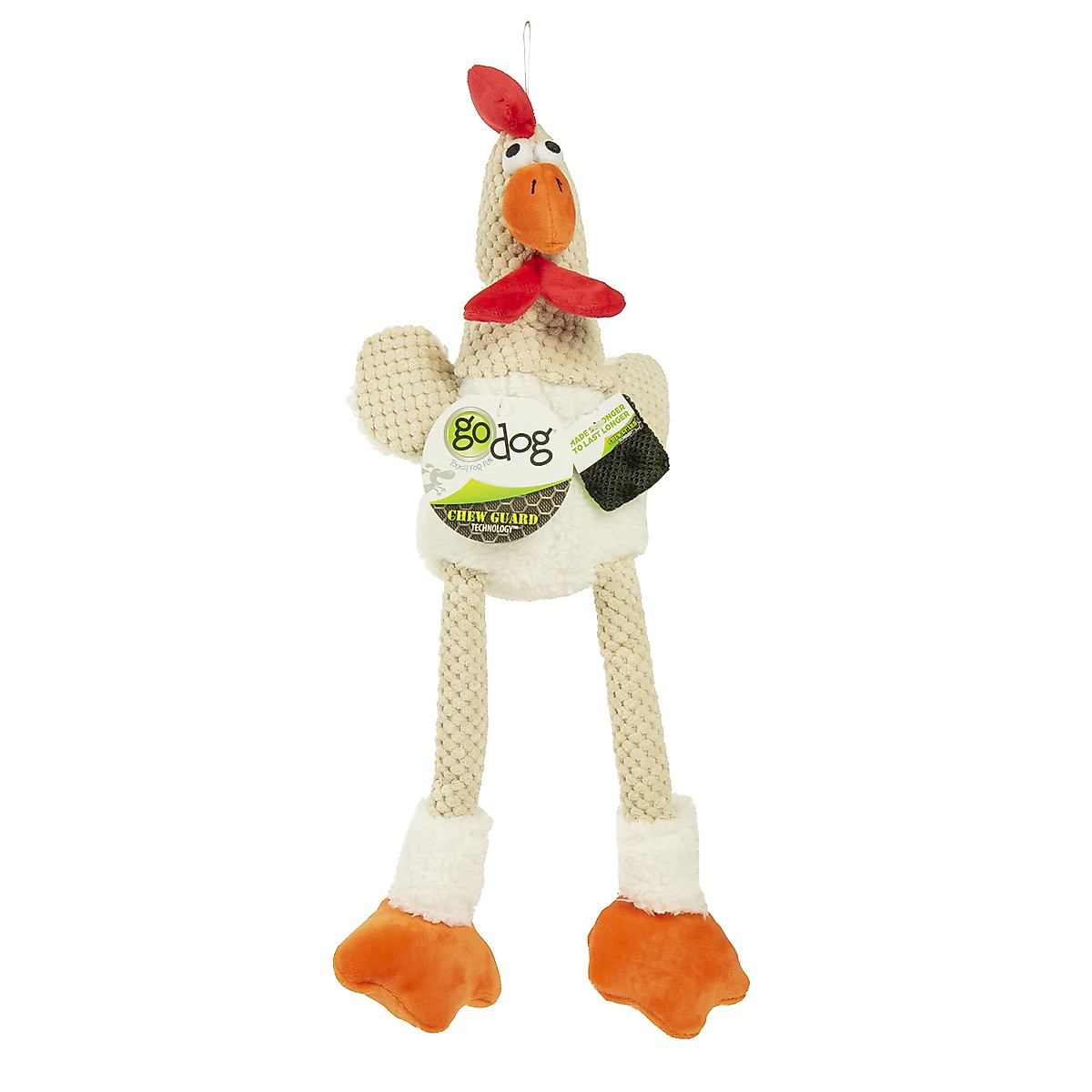 goDog Checkers Skinny Rooster Squeaky Plush Dog Toy, Chew Guard Technology - White, Large