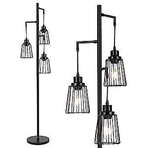 Dimmable Floor Lamp, 3 Edison Bulbs Included, 3-Light Farmhouse Industrial Standing Tree Lamp Industrial Floor Lamp with Elegant Teardrop Cage Heads Tall Lamps for Bedroom Office Dining Room