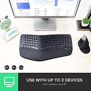 DeLUX Ergonomic Keyboard, Wireless Ergo Split Keyboard with Backlit for Natural Typing and Reduce Hands Pain, USB Receiver, BT5.0, Scissor Switch and Palm Rest for Windows and Mac(GM902A-Black)