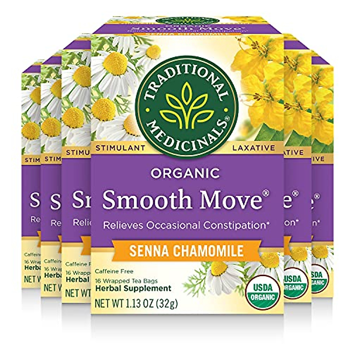 Traditional Medicinals - Organic Smooth Move Senna Chamomile Tea 16 Count (Pack of 6) - Herbal Laxative - Gentle Overnight Relief of Occasional Constipation - Caffeine Free - 96 Tea Bags Total