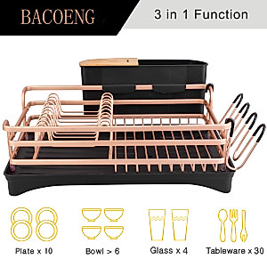 BACOENG Aluminum Dish Drying Rack,Never Rust Dish Rack with Removable Cutlery Holder & Cup Holder, 360° Swivel Spout Drain Board,Gold