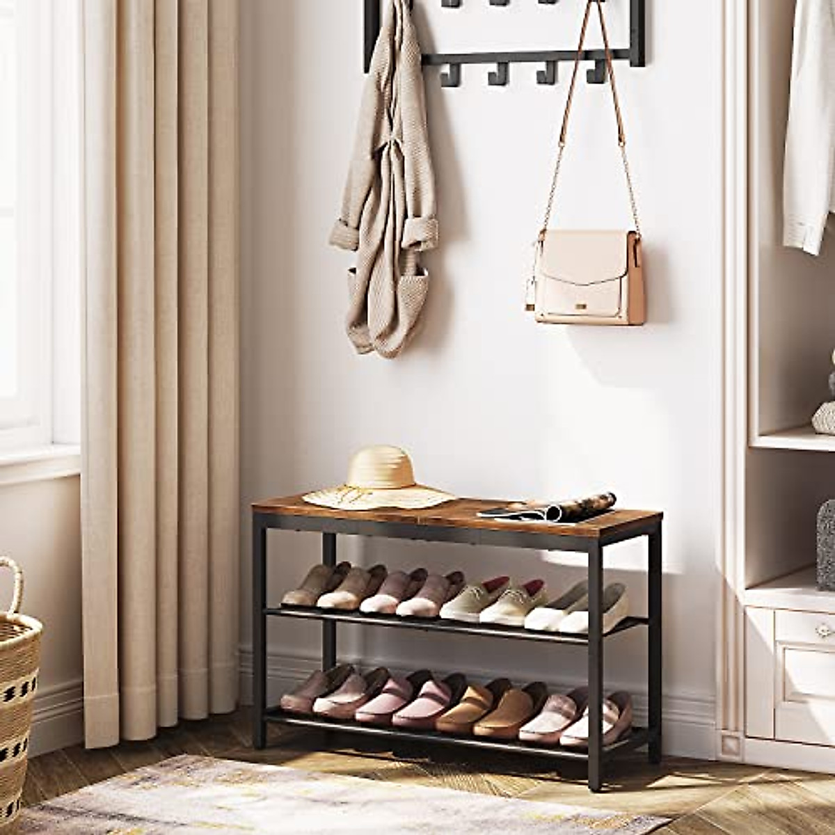 HOOBRO Shoe Bench, 3-Tier Shoe Rack, Industrial Shoe Organizer Storage Bench, 29.5 inches Entry Bench with Mesh Shelves, for Entryway, Living Room, Hallway, Easy Assembly, Rustic Brown BF75HX01