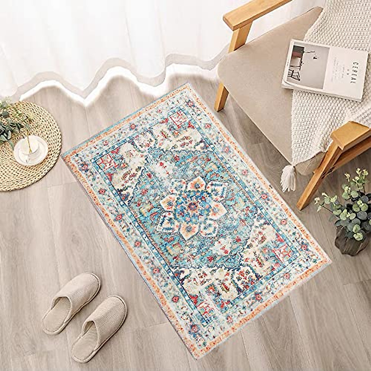 GEVES Cream Green Boho Area Rug Persian Oriental 2x3 Entryway Rugs for Bedroom Kitchen Bathroom Decor Doormat Washable Indoor Use Non-Slip Rubber Backing
