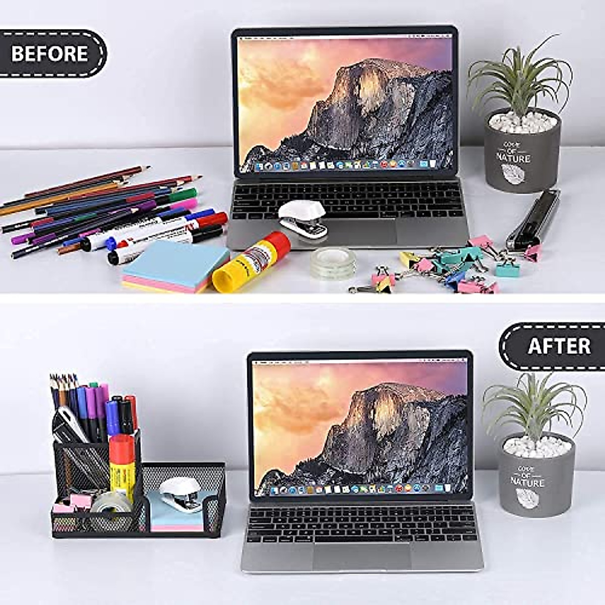 VIUJUH Desk Pencil Holders Desk Organizer Office Supplies Caddy with Sticky Notes Holder for Office School Home 3 Compartments Black