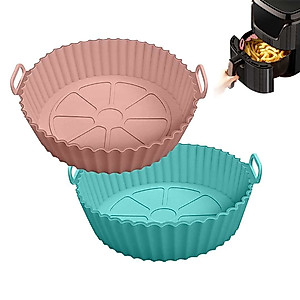 2 Pack Air Fryer Silicone Liners Pot for 3 to 5 QT, Air Fryer Silicone Basket Bowl, Replacement of Flammable Parchment Paper, Reusable Baking Tray Oven Accessories, Pink + Blue