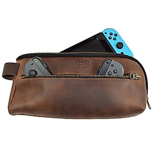 Hide & Drink, Carrying Case Compatible with Switch, Urban Travel Pouch, Soft Storage Bag, Scratch & Bump Protection, Minimalist Essentials, Full Grain Leather, Handmade, Bourbon Brown