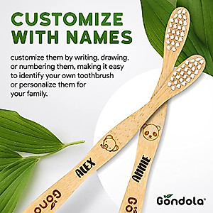 Gondola Kids Bamboo Toothbrushes Soft Bristles – Vegan Organic Eco Friendly Tooth Brush for Kids with Fun Animals Designs & Lightweight, Smooth Bamboo Handles – Zero Waste Packaging – 4 Pack
