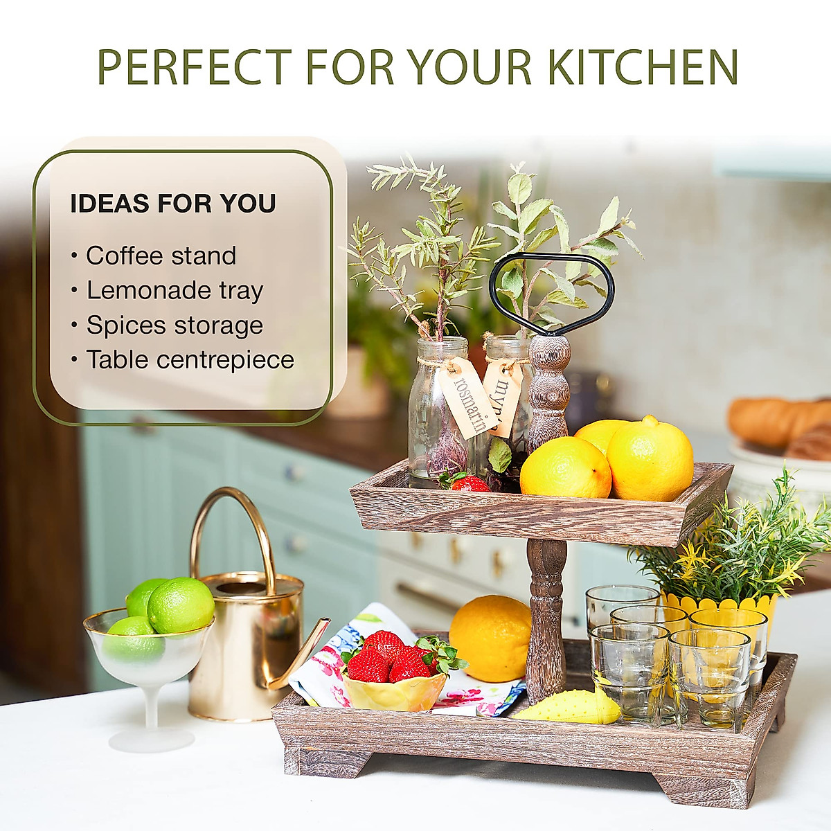 Rustic Wooden Two Tiered Tray Farmhouse - Rectangle Stand for Serving Food Fruits Cupcakes - Perfect for Your Summer Decor - Tiered Tray Decor Holder