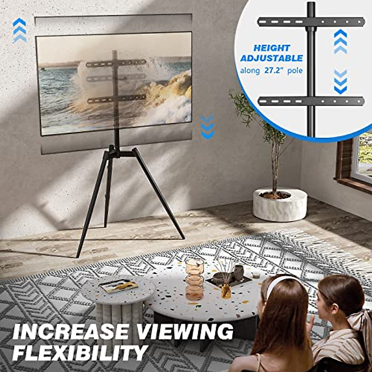 Rfiver Artistic Easel TV Tripod Stand for 32 to 65 Inch LCD LED Flat Curved Screens up to 77 lbs, 100° Swivel Minimalist TV Stand for Living Room Corner, Height Adjustable Floor TV Mount, Black