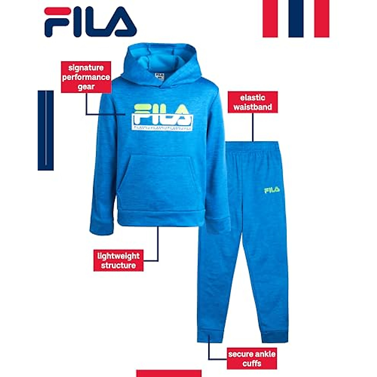 Fila Boys' Sweatsuit Set - 2 Piece Active Hoodie Sweatshirt and Jogger Sweatpants - Performance Activewear Set for Boys, 8-12, Size 12, Prince Blue