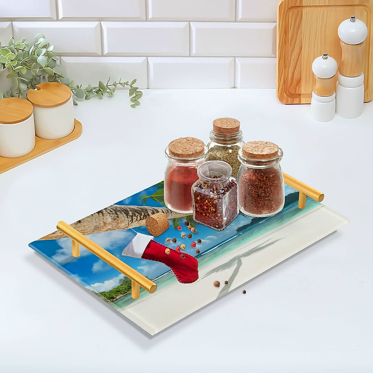 Christmas Sock on Palm Tree Bathroom Vanity Tray for Countertop Decorative Trays with Handles Acrylic Hand Towel Tray for Living Room Kitchen Dresser Tops Home Decor