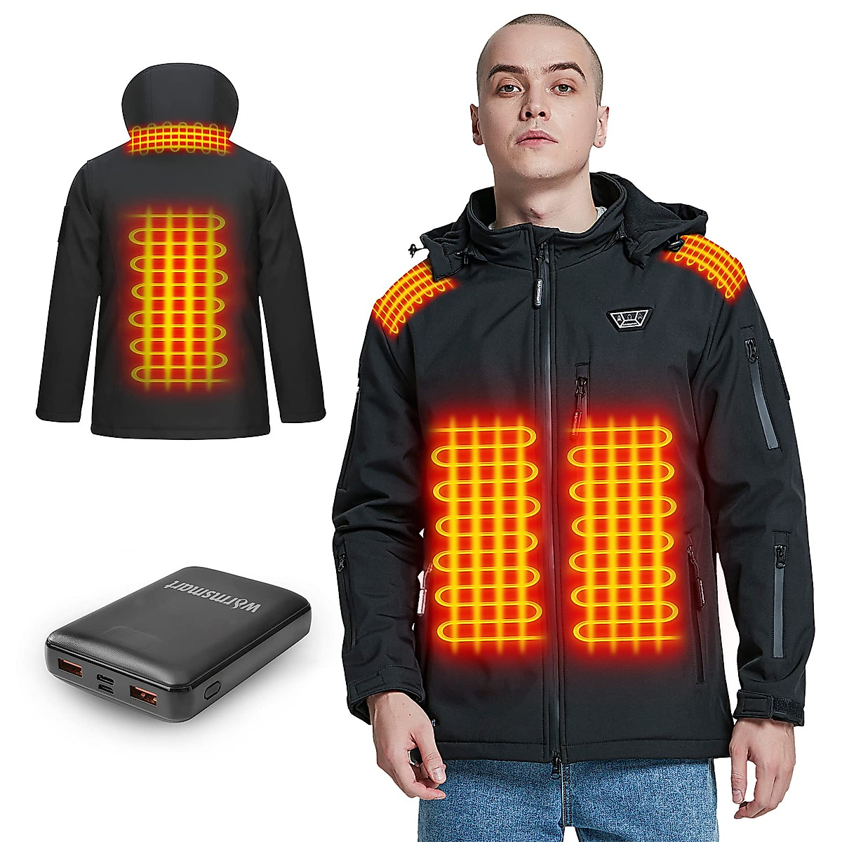 warmsmart Heated jackets for Men Women with 14400mAh Battery Pack, Heated Coats with Detachable Hood Windproof