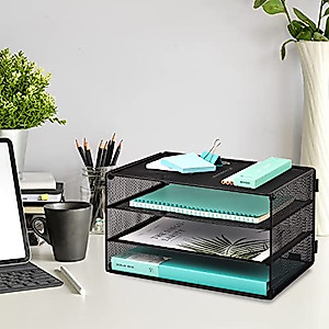 EASEPRES Paper Organizer Tray, 3 Tier Mesh Desk File Organizer Letter Sorter Holder for Home Office, Black
