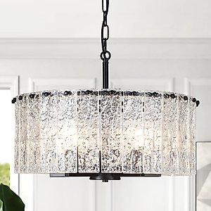 CWarmozy 19.7'' Luxury Black Chandelier for Dining Room 5-Light Modern Crystal Chandeliers Water Ripple Glass Light Fixture Elegant Ceiling Hanging Light for Kitchen Island Bedroom Living Room