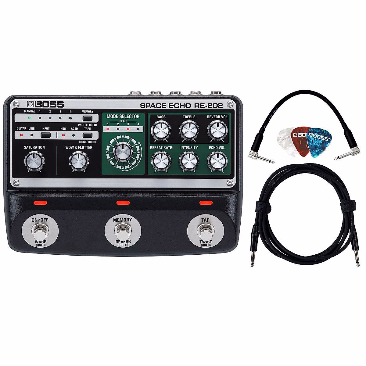Boss RE-202 Space Echo Delay and Reverb Effects Bundle with Instrument Cable, Patch Cable, and Picks