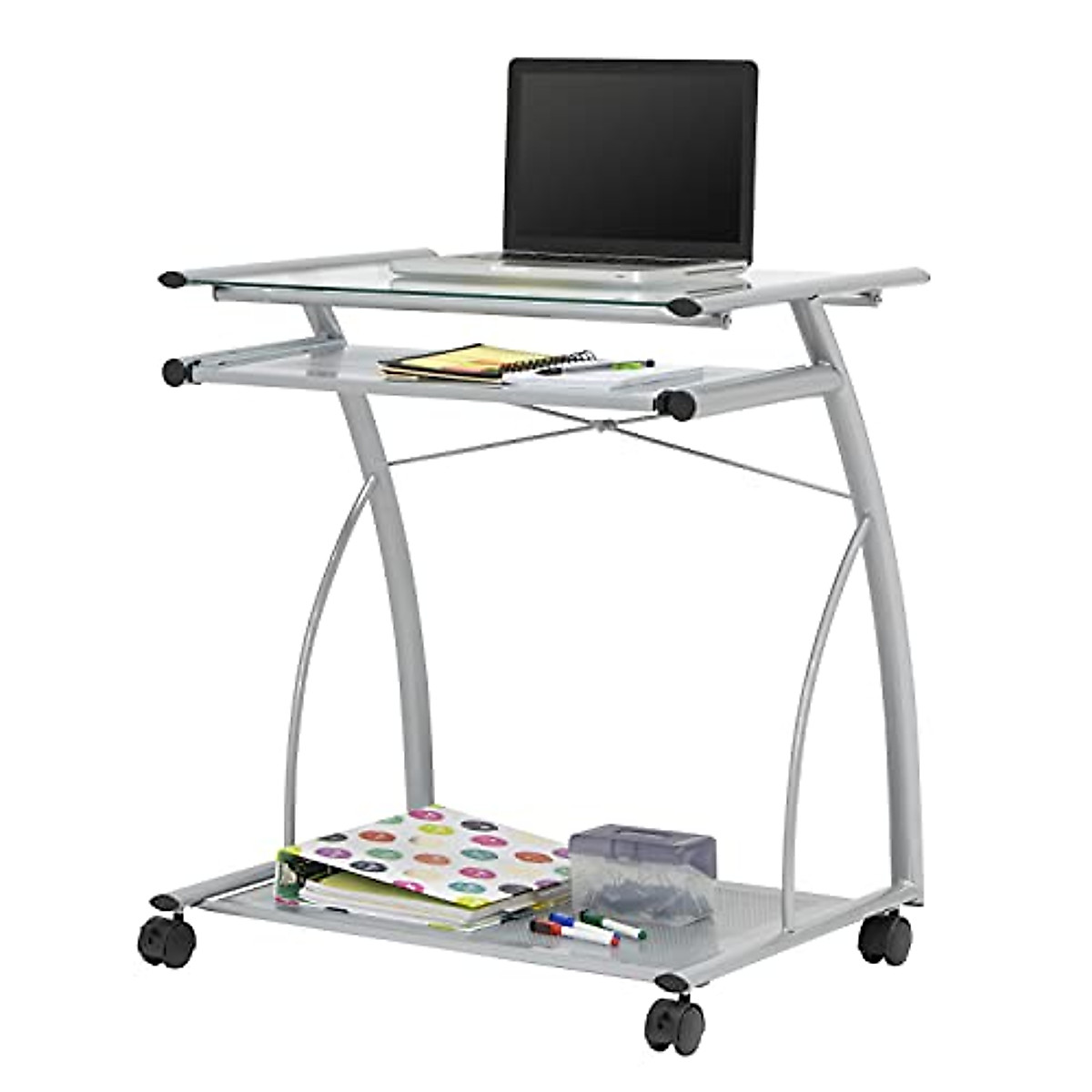 Calico Designs 50101 L-Shaped Computer Cart with Clear Glass, Silver