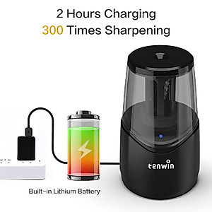 tenwin Rechargeable Electric Pencil Sharpener with Durable Helical Blade to Fast Sharpen, Heavy Duty Pencil Sharpener for No.2 & Colored 6-8mm Pencils for School Office Home (Black)