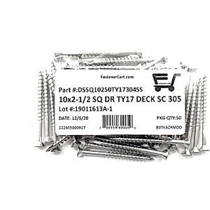 #10 x 2-1/2 Stainless Steel Wood Deck Screws Square Drive W/4 Nibs Type 17 Drill Point (10x2-1/2) (50 Pieces)