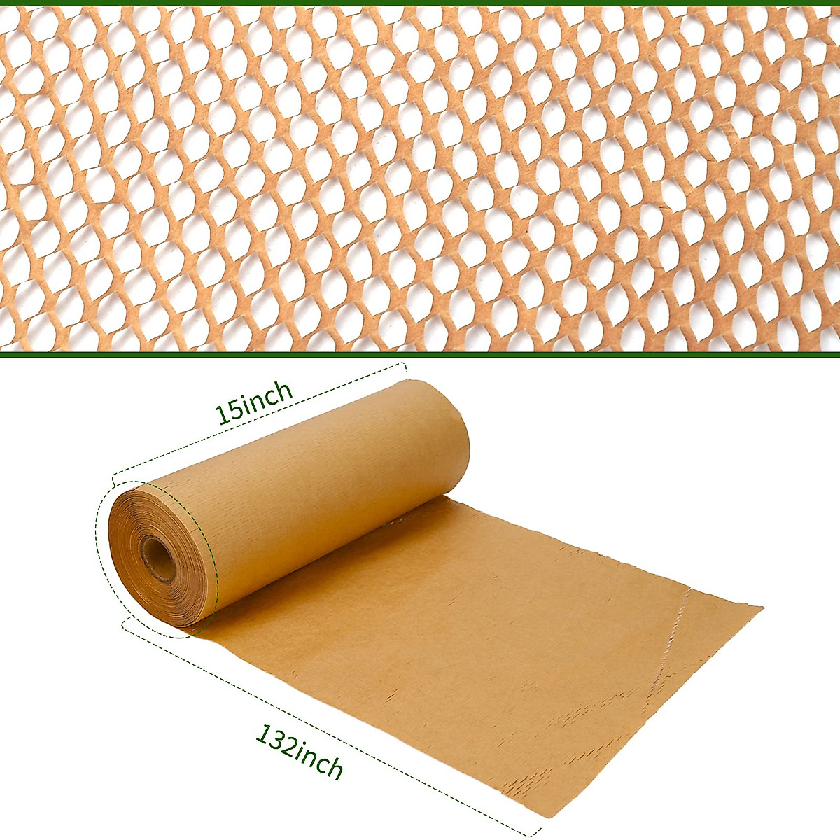 TOMVYTER Honeycomb Packing Paper 15"x132FT, Biodegradable Paper Bubble Cushioning Wrap Alternative, Recycled Honeycomb Packaging Paper Wrapping Roll for Moving, Shipping, Fragile Items