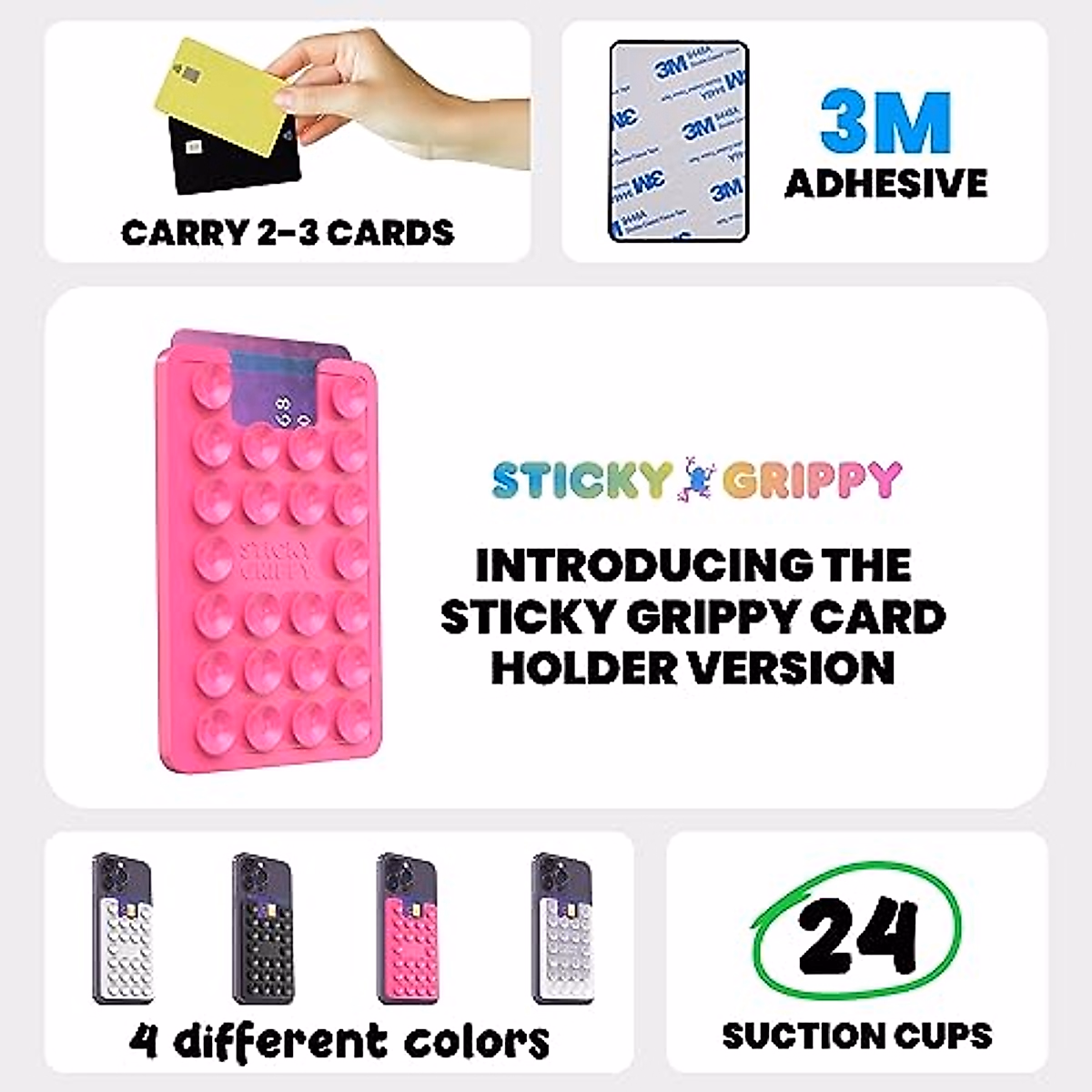 StickyGrippy Suction Phone Card Holder Mount, Phone Wallet, Silicon Adhesive Phone Accessory for iPhone and Android, Hands-Free Mirror Shower Phone Holder, TikTok Videos and Selfies (Pink)