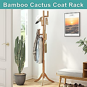 Vriccc Coat Rack Freestanding, Bamboo Cactus Coat Tree, Adjustable Height Wooden Coat Stand with 6 Hooks, kids coat rack, Used In The Bedroom Living Room, Office To Hang Clothes, Hats, Bags