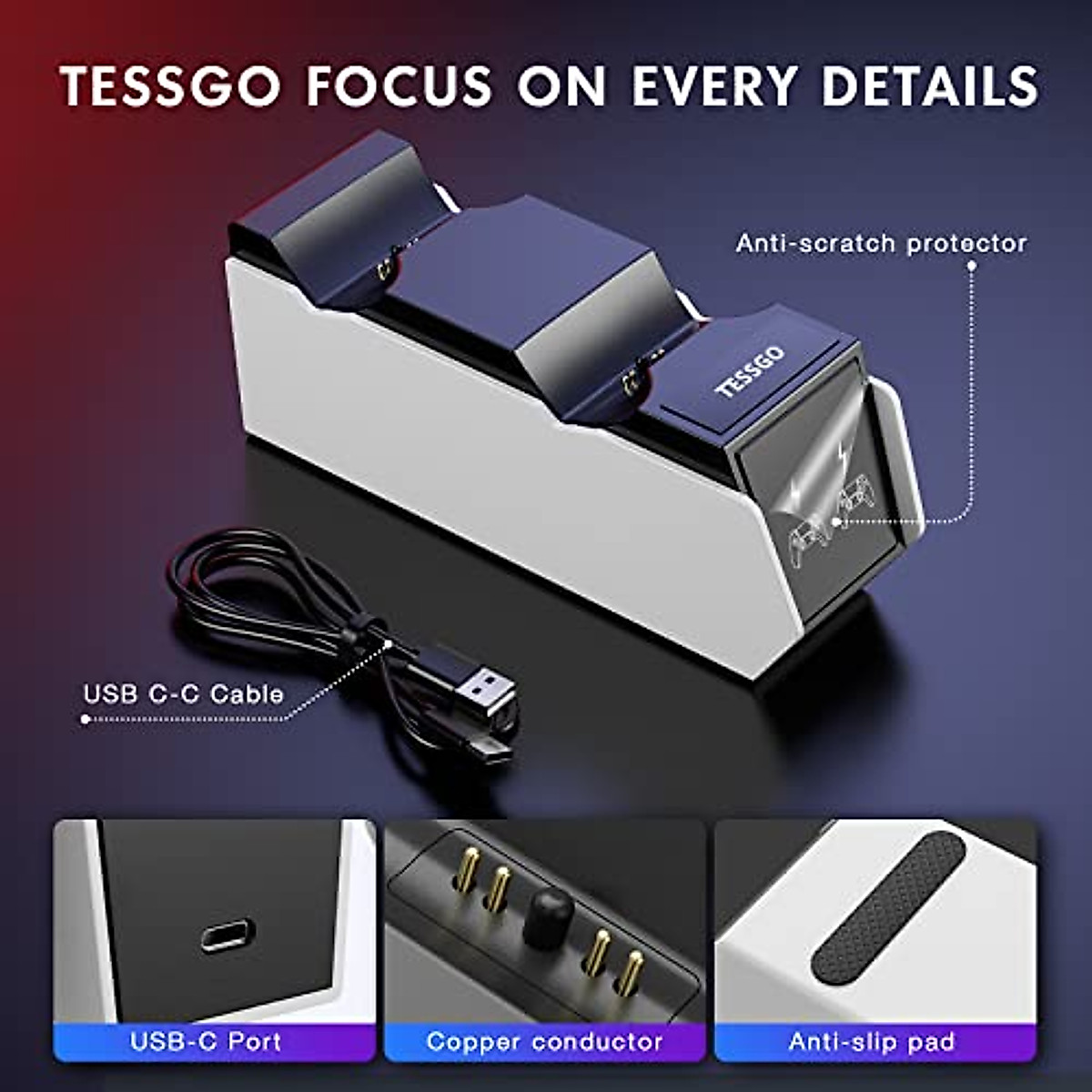 TESSGO PS 5 Dual Controller Charging Station with LED Indicators, PS 5 Charger with Fast Charging USB Cable