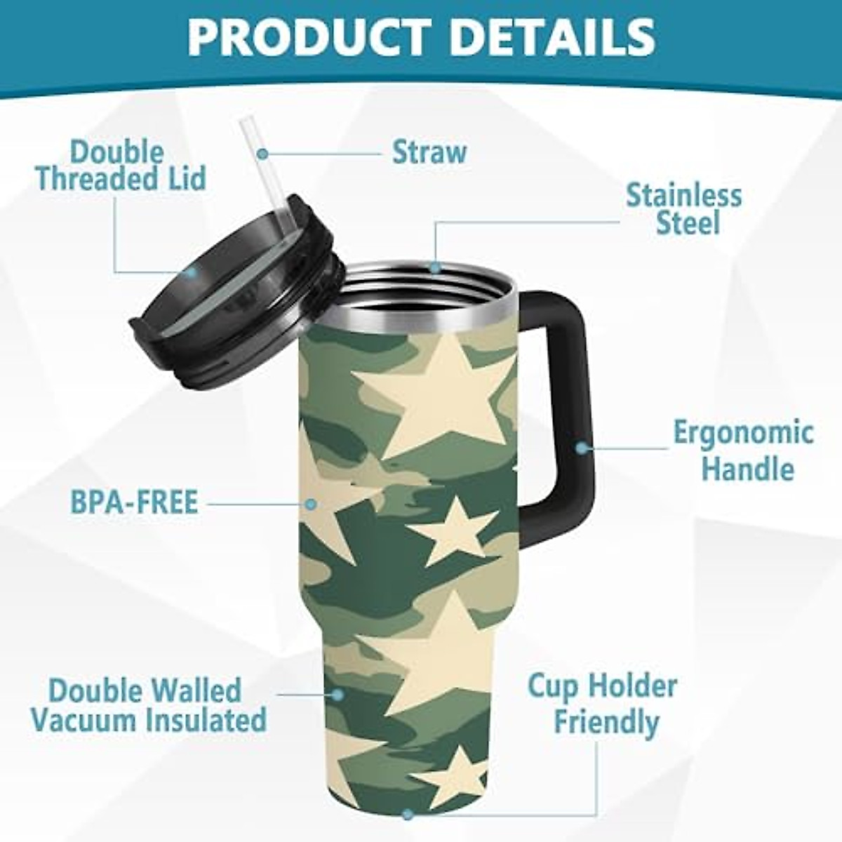 FRCSDIY Stars Insulated Tumbler with Handle and Straw Lid,40oz Leakproof Stainless Steel Cup BPA-Free Water Bottle