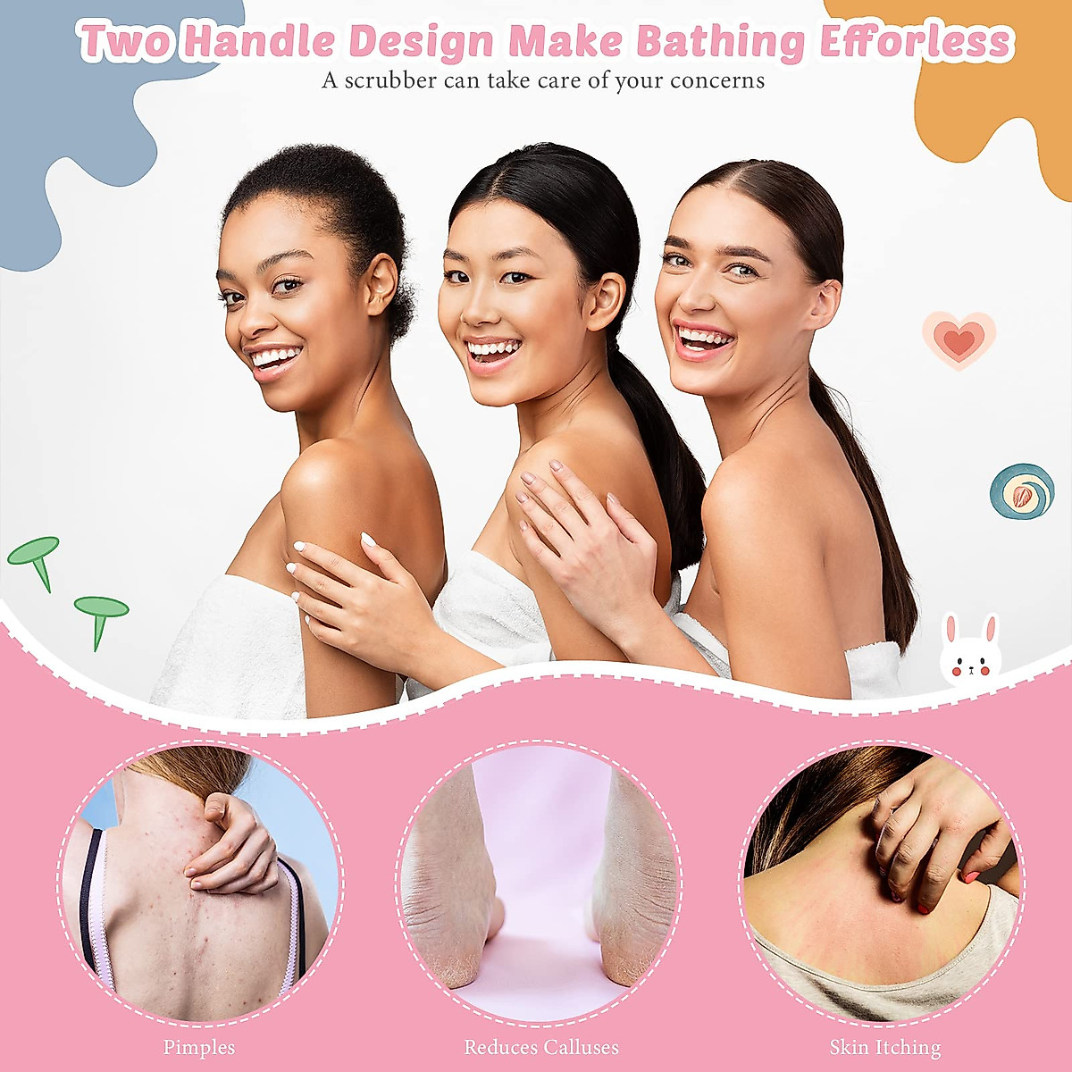 4 Pack Exfoliating Shower Bath Gloves Back Scrubber Set, 2 Exfoliating Body Scrubber Nylon Back Washer, 2 Pairs Scrub Gloves for Women Men Children Skin, Stretchable Pull Strap Washcloth, Pink, Purple