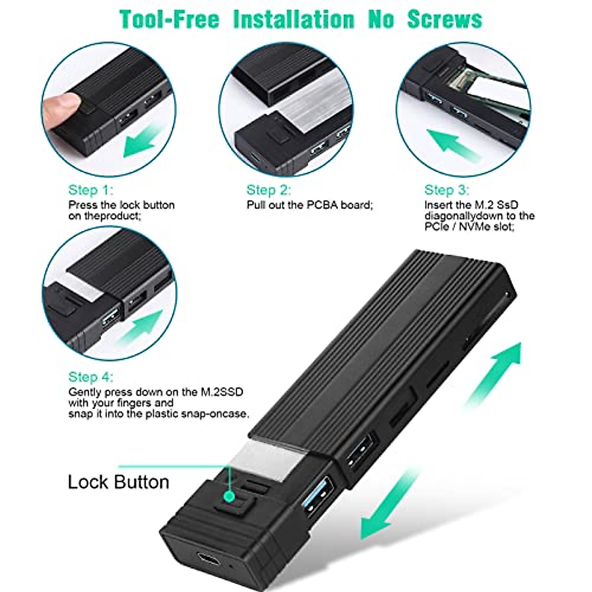 M.2 NVME SSD Enclosure Adapter, 10Gbps USB C Aluminum Case, Professional Portable State Drive External Enclosure for Computer Tablet (Black)