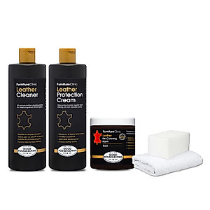 Furniture Clinic Leather Complete Restoration Kit | Includes Leather Recoloring Balm, Leather Cleaner, Protection Cream, Sponge & Cloth | Restores & Repairs (Red)