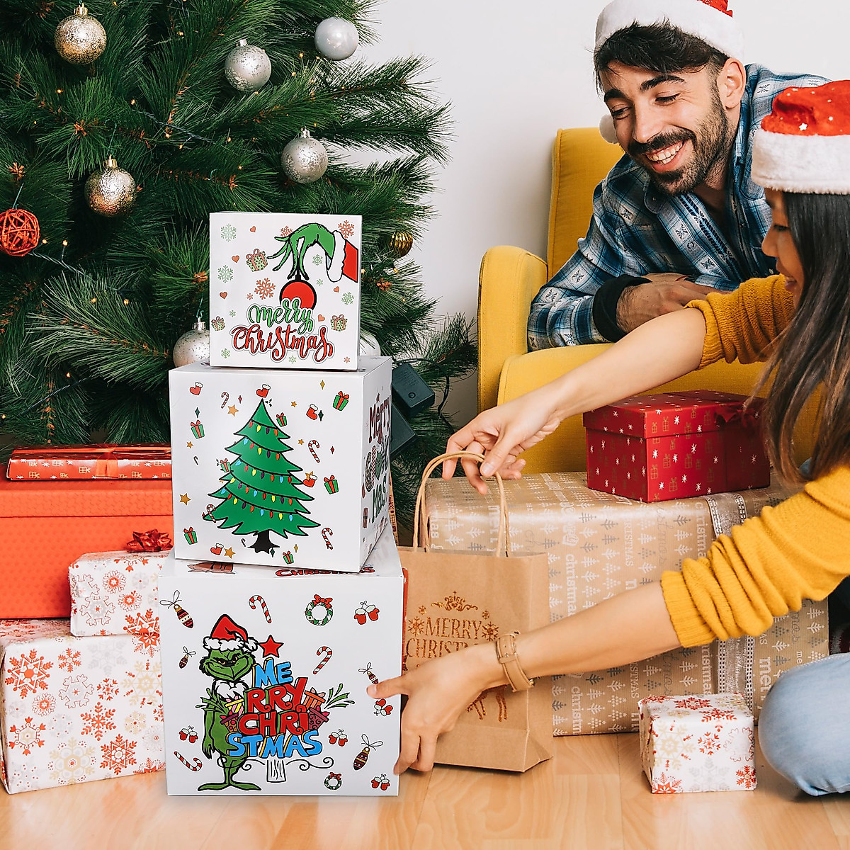 3 Pcs Christmas Nesting Gift Boxes，Christmas Stackable Gift Boxes Set with Lids Christmas Decorative Boxes for New Year Holiday Birthday Party Gift Decor