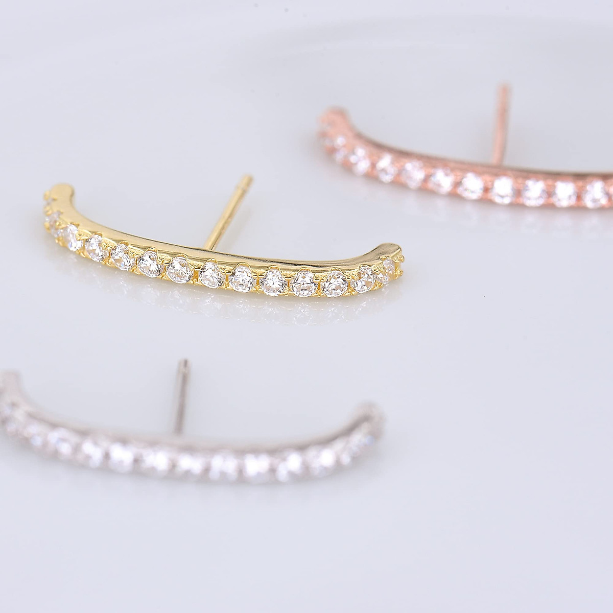 18K Gold Plated Sterling Silver Paved Gemstone Curved Bar Ear Cuffs Suspender Earrings CZ Huggie Earrings