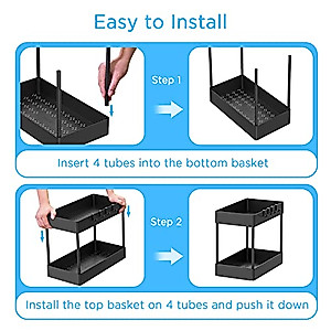 Wekin Under Sink Organizers & Storage 2 PCS, 2 Tier Under Cabinet Basket Organizer for Kitchen Bathroom, 2 Size Multi-Usage Storage Shelf with Hooks, Under the Sink Standing Stackable Rack for Bath