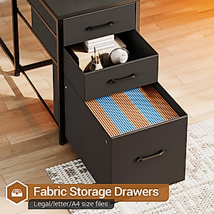 SEDETA L Shaped Gaming Desk, Reversible U Shaped Computer Desk with Power Outlet and Storage Shelves, Corner Gaming Desk with LED Lights, 3 Fabric Drawers, Black