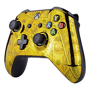 eXtremeRate Chrome Gold 100 Cash Money Dollar Front Housing Shell Case, Glossy Patterned Faceplate Cover Replacement Kit for Xbox One S & One X Controller (Model 1708)
