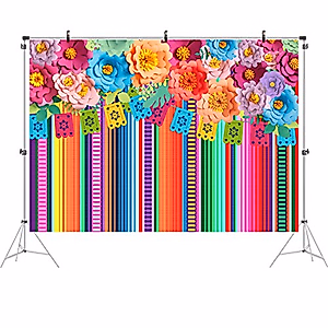 Ticuenicoa 7x5ft Mexican Fiesta Backdrop Photobooth Flowers Fiesta Background Drop Cinco De Mayo Backdrop for Pictures Floral Stripes Flags Birthday Party Mexican Party Decorations Photo Booth Props