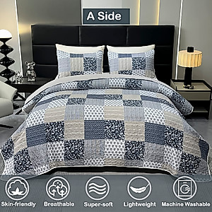 VIVILINEN Queen Size Quilt Set Grey Patchwork Floral Plaid Reversible Quilted Bedspread Coverlet 3-Piece Lightweight Comforter Stitched Bedding Set Bed Sheet Set Cover Blanket with 2 Pillow Shams