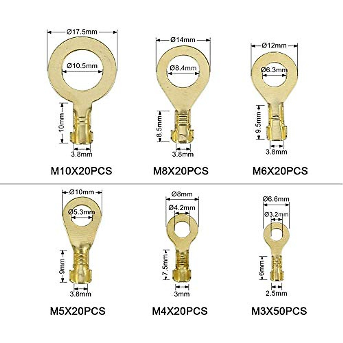 150 Pcs Cable Ring Terminal Ring Cable Lugs Copper Lugs Ring Terminals Connectors Brass Crimp Cable Connector Wire Terminals Assortment Kit