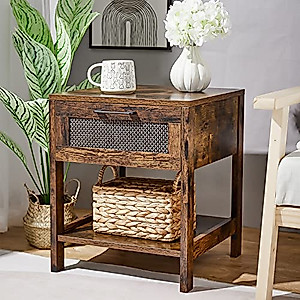 Graficial Nightstand,Small Rattan Bedside Table, 1 Drawer Storage and Open Shelf Side Table for Bedroom,Living Room,Entryway,Rustic Brown