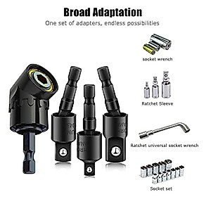 4pcs Drill-Bit-Extension Set, Includes Hex Shank 105° Right-Angle-Drill-Attachmen, 360° Rotatable Joint Socket 1/4 3/8 1/2" Universal Socket Adapter Set (Black)