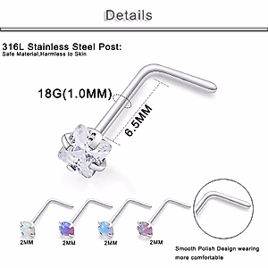 Yaalozei 18G Nose Rings Studs for Women Silver Nose Piercing Studs Surgical Stainless Steel L Shaped Opal Hypoallergenic Cute Small Nose Nostril Ring Stud Body Piercing Jewelry for Men CZ 2MM