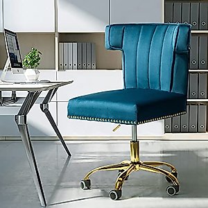 HULALA HOME Velvet Office Chair with Wingback and Decorative Nailhead, Adjustable Swivel Modern Armless Desk Chair, Cute Vanity Chair for Women (Gold Base, Navy)