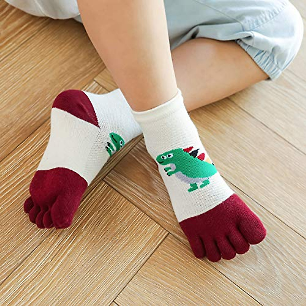 Petyoung 5 Pair Kids Toe Socks, Cartoon Five Finger Crew Ankle Sock Breathable Running Toe Socks for 0-10Y Boys and Girls