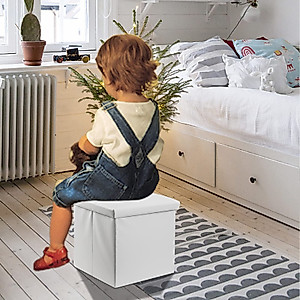 DEARYOU White Storage Ottoman Cube, Folding Storage Ottoman Square, Small Foot Rest Ottoman with Foam Padded Seat, 15 Inches Faux Leather (White,2pcs)