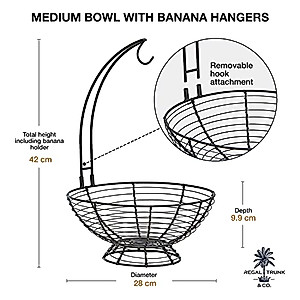 REGAL TRUNK & CO. Fruit Basket for Kitchen, 16.5 Rustic French Farmhouse Black Fruit Bowl with Removable Banana Holder Basket, Ideal to Store your Fruit & Vegetable, Medium Size, Birthday Gift