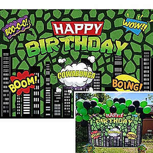 BINQOO 5x3ft Cartoon Birthday Backdrop Green American Comics Cityscape Buildings Photography Background Tortoise Boy Newborn Baby Shower Kids Decor Photo Booth Prop