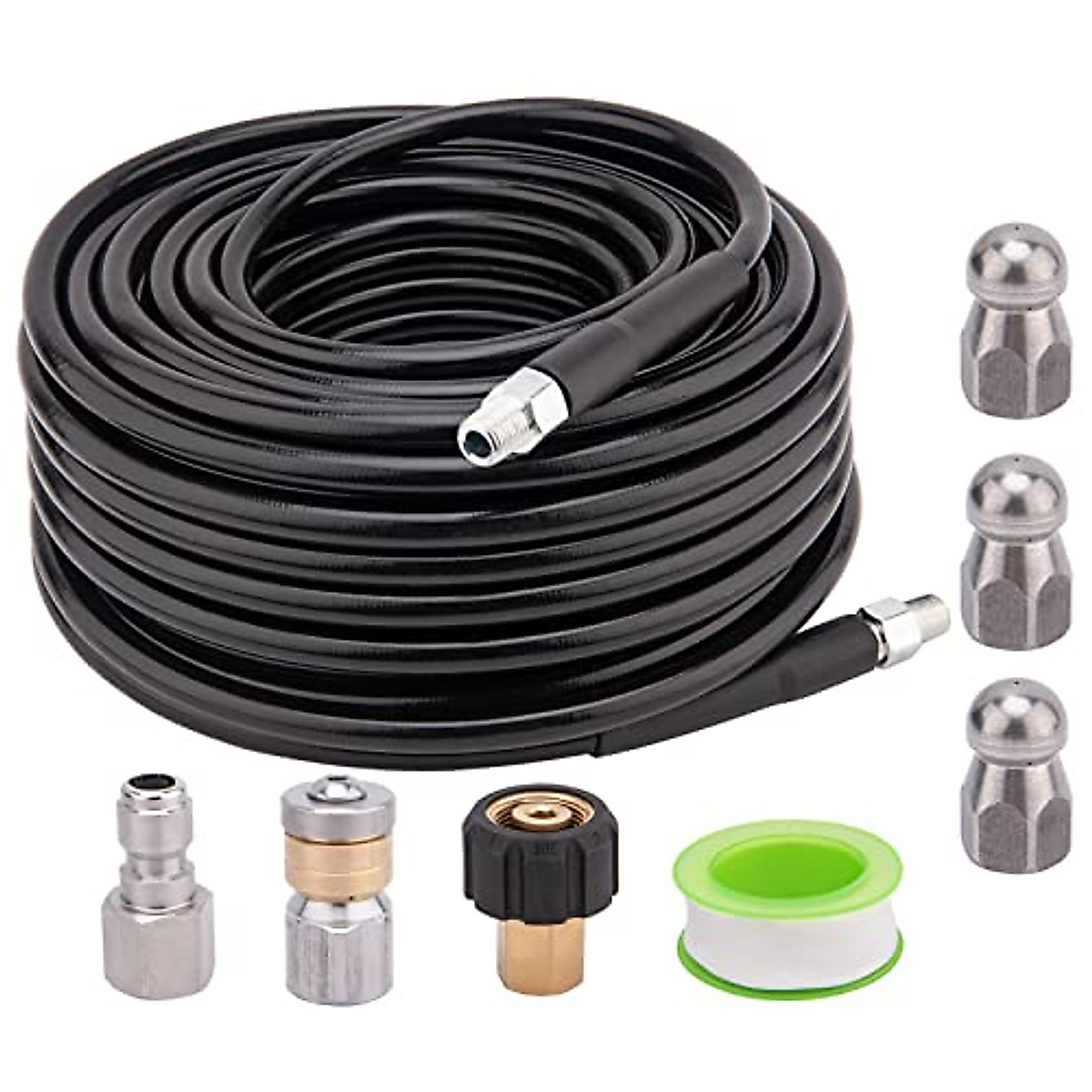 Sewer Jetter Kit for Pressure Washer 100 Ft, 1/4 Inch NPT Drain Cleaning Hose, Orifice 5.5, 4.5, 4.0 Button Rotating and Button Hose Sewer Jetting Nozzle (4000 PSI)